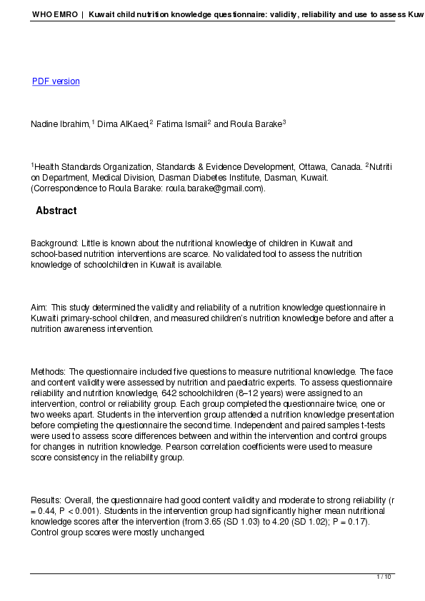 (PDF) Kuwait child nutrition knowledge questionnaire: validity, reliability and use to assess ...