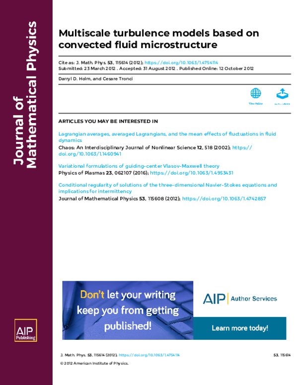 Pdf Multiscale Turbulence Models Based On Convected Fluid Microstructure