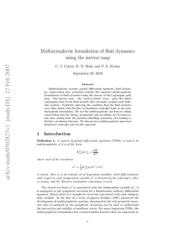 (PDF) Multisymplectic formulation of fluid dynamics using the inverse map