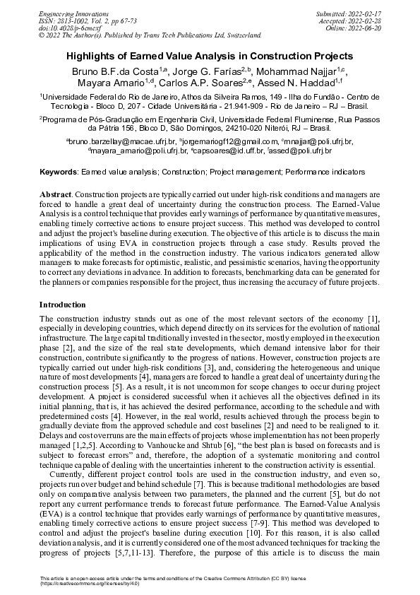Pdf Highlights Of Earned Value Analysis In Construction Projects