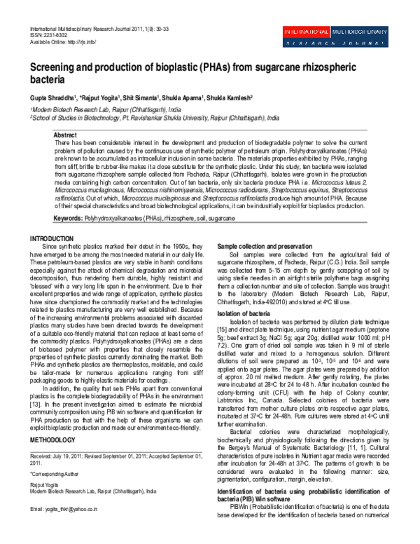 (PDF) Screening and production of bioplastic (PHAs) from sugarcane ...