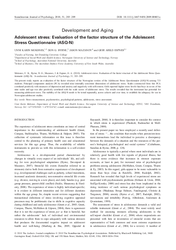 Pdf Adolescent Stress Evaluation Of The Factor Structure Of The