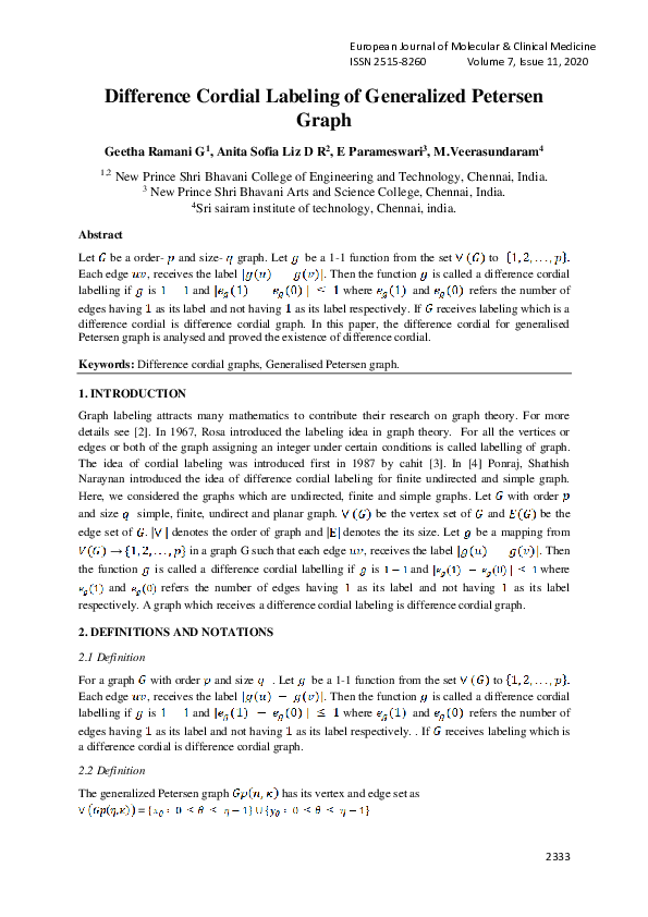 (PDF) Difference Cordial Labeling of Generalized Petersen Graph