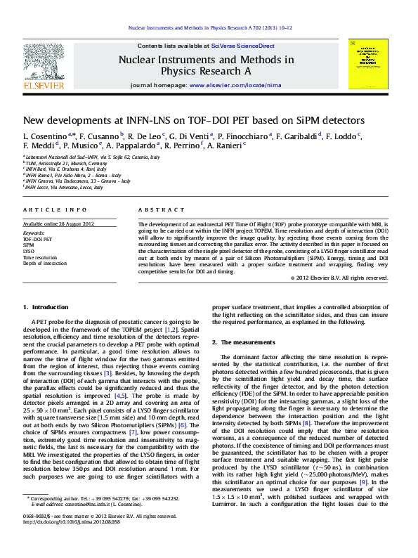 (PDF) New developments at INFN-LNS on TOF–DOI PET based on SiPM detectors