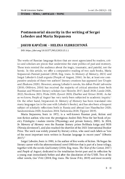 (PDF) Postmemorial sincerity in the writing of Sergei Lebedev and Maria Stepanova