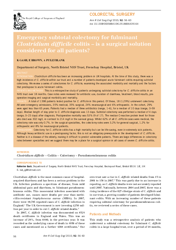 (PDF) Emergency subtotal colectomy for fulminant Clostridium difficile ...