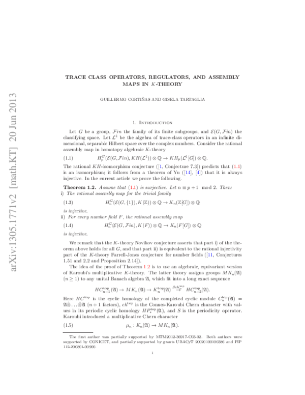(PDF) Trace class operators, regulators, and assembly maps in $K$-theory