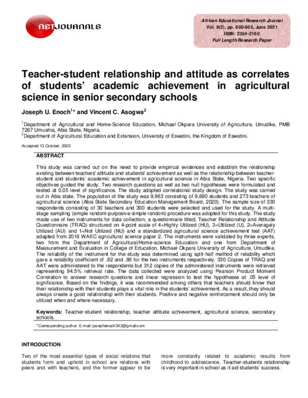(PDF) Teacher-student relationship and attitude as correlates of ...