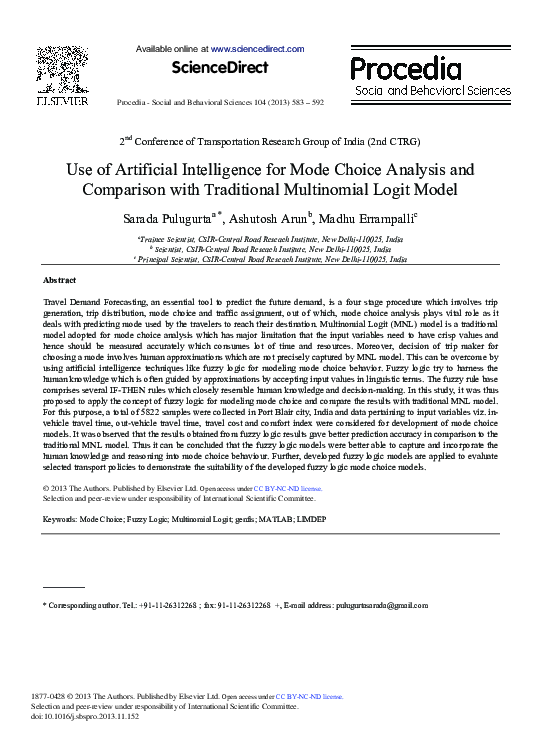 (PDF) Use of Artificial Intelligence for Mode Choice Analysis and Comparison with Traditional ...