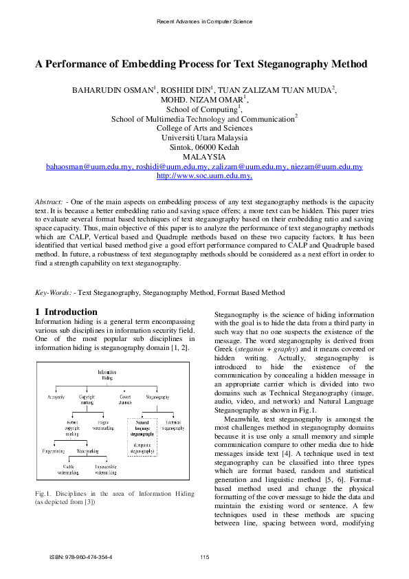 Pdf A Performance Of Embedding Process For Text Steganography Method