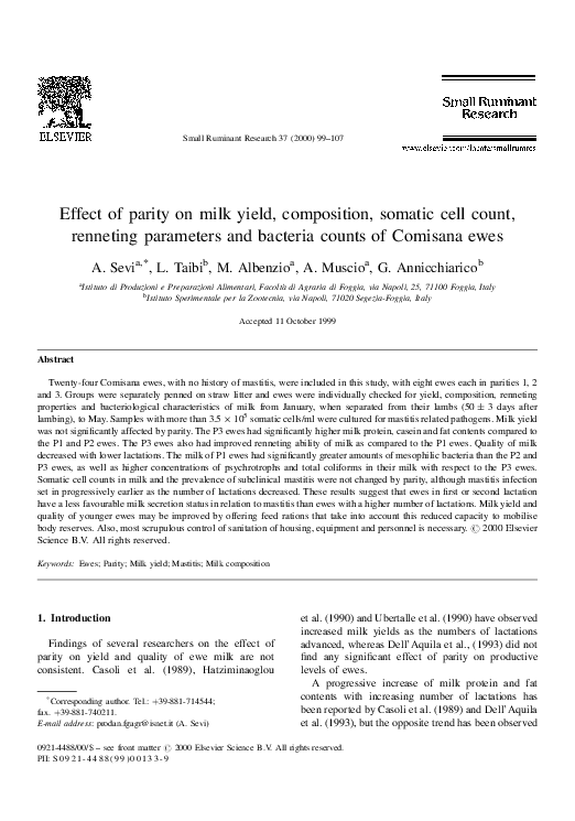 Pdf Effect Of Parity On Milk Yield Composition Somatic Cell Count Renneting Parameters And