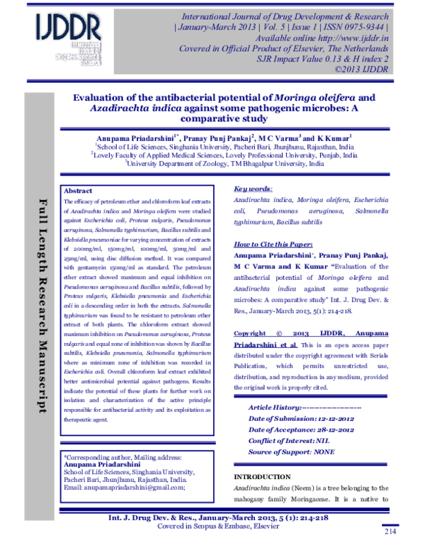 (PDF) Evaluation of the antibacterial potential of Moringa oleifera and Azadirachta indica ...