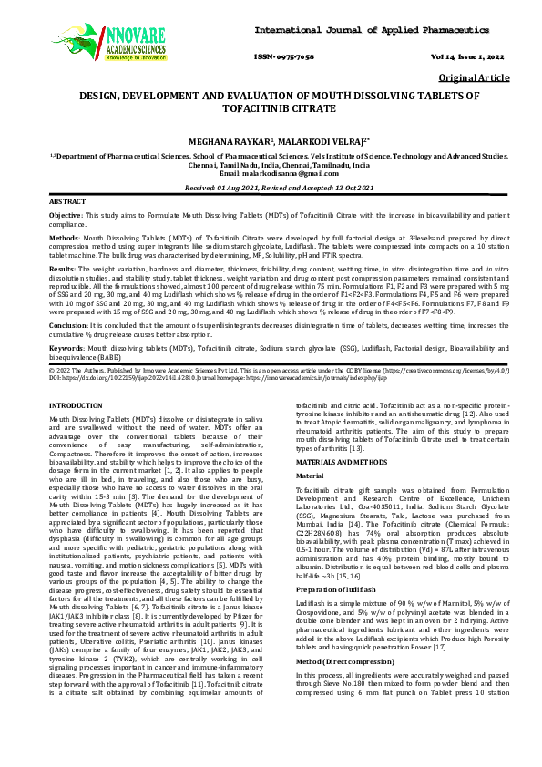 Pdf Design Development And Evaluation Of Mouth Dissolving Tablets Of Tofacitinib Citrate