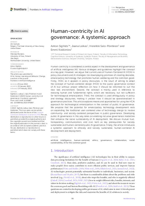 Human-centricity in AI governance: A systemic approach
