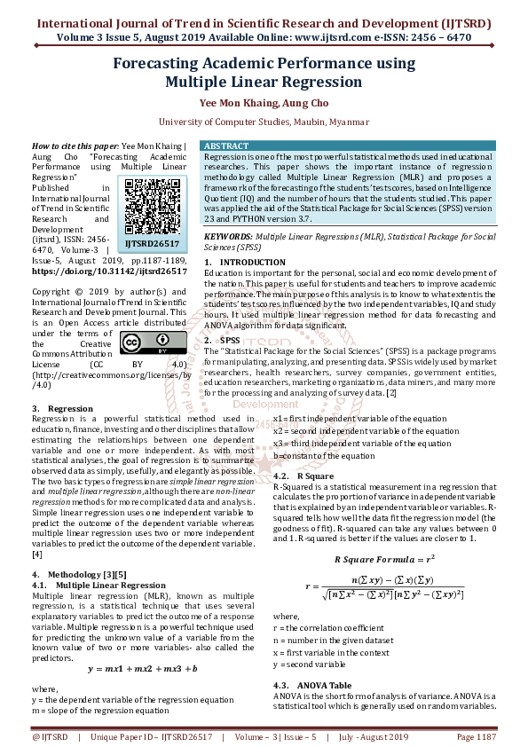 Pdf Forecasting Academic Performance Using Multiple Linear Regression