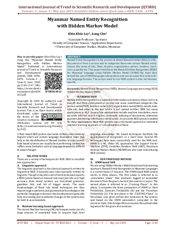 Pdf Myanmar Named Entity Recognition With Hidden Markov Model