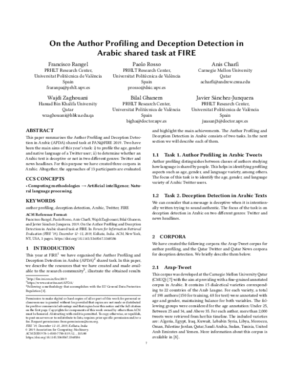 (PDF) On the Author Profiling and Deception Detection in Arabic shared task at FIRE