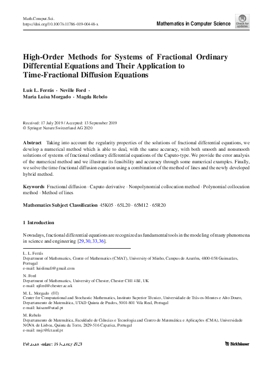 Pdf High Order Methods For Systems Of Fractional Ordinary Differential Equations And Their