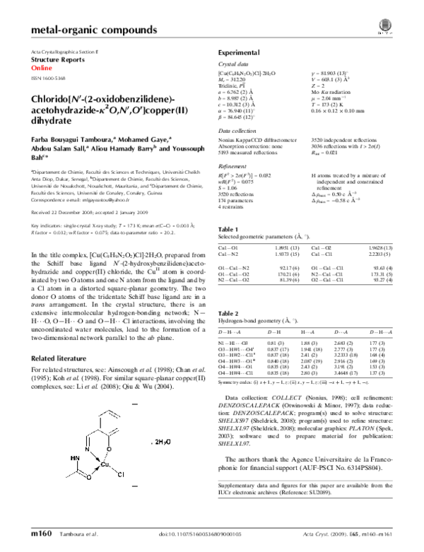 (PDF) Chlorido[N′-(2-oxidobenzilidene)acetohydrazide-κ2O,N′,O′]copper ...