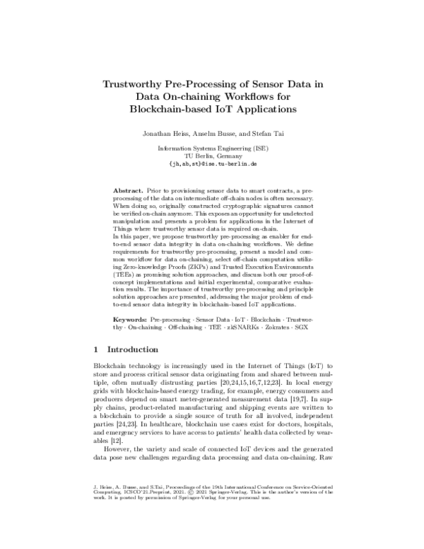 (PDF) Trustworthy Pre-processing of Sensor Data in Data On-Chaining Workflows for Blockchain ...