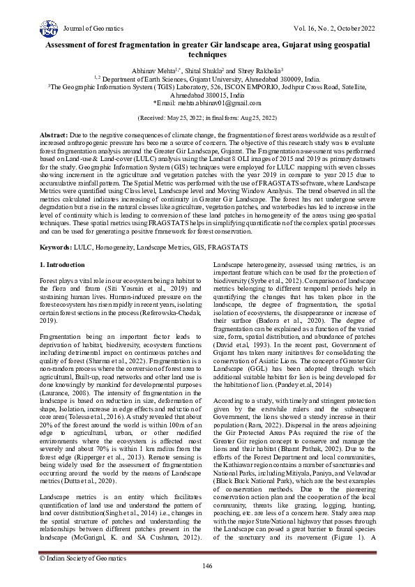 (PDF) Assessment of forest fragmentation in greater Gir landscape area ...