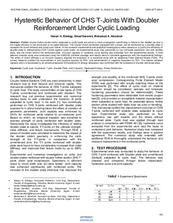 (PDF) Hysteretic Behavior Of CHS T-Joints With Doubler Reinforcement Under Cyclic Loading