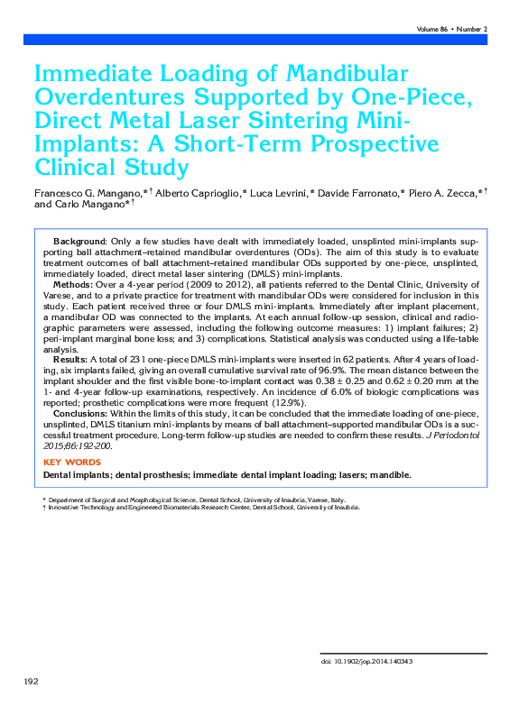(PDF) Immediate Loading of Mandibular Overdentures Supported by Unsplinted Direct Laser Metal ...