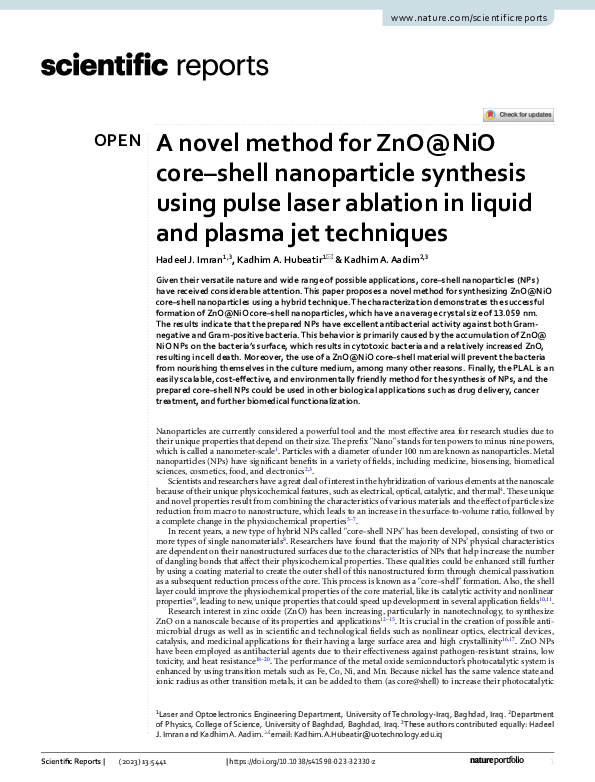 (PDF) A novel method for ZnO@NiO core–shell nanoparticle synthesis using pulse laser ablation in ...
