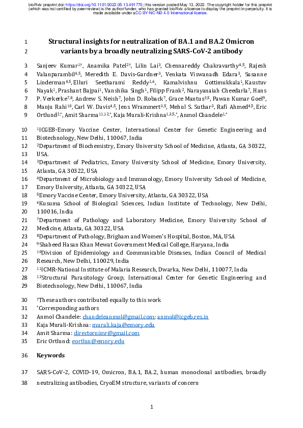 (PDF) Structural insights for neutralization of BA.1 and BA.2 Omicron variants by a broadly ...