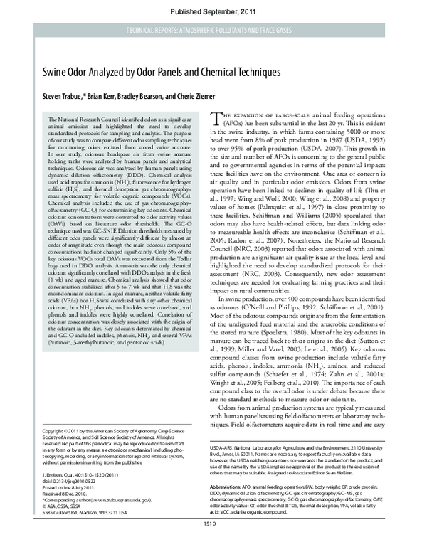 (PDF) Swine Odor Analyzed by Odor Panels and Chemical Techniques