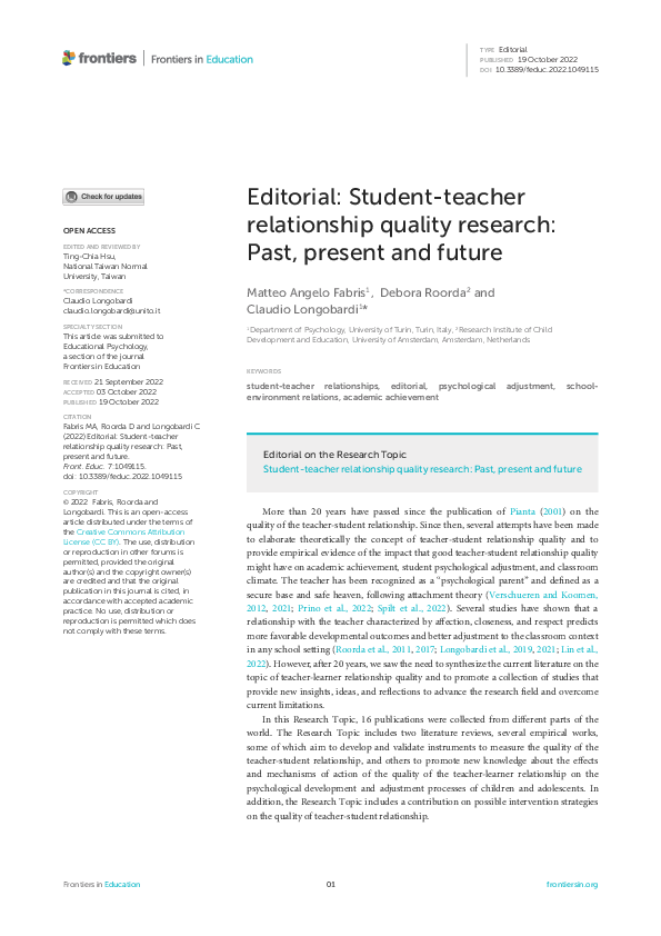 (PDF) Editorial: Student-teacher relationship quality research: Past ...