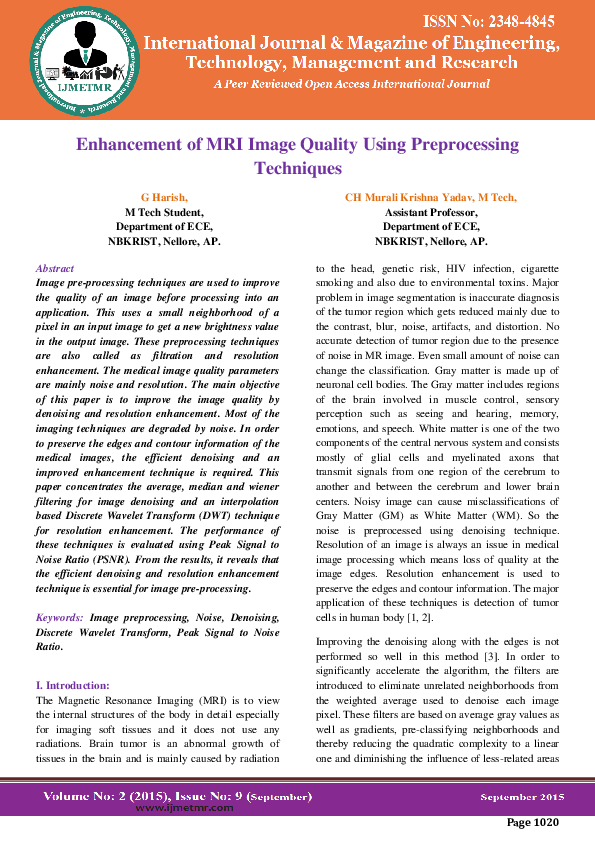 (PDF) Enhancement of MRI Image Quality Using Preprocessing Techniques