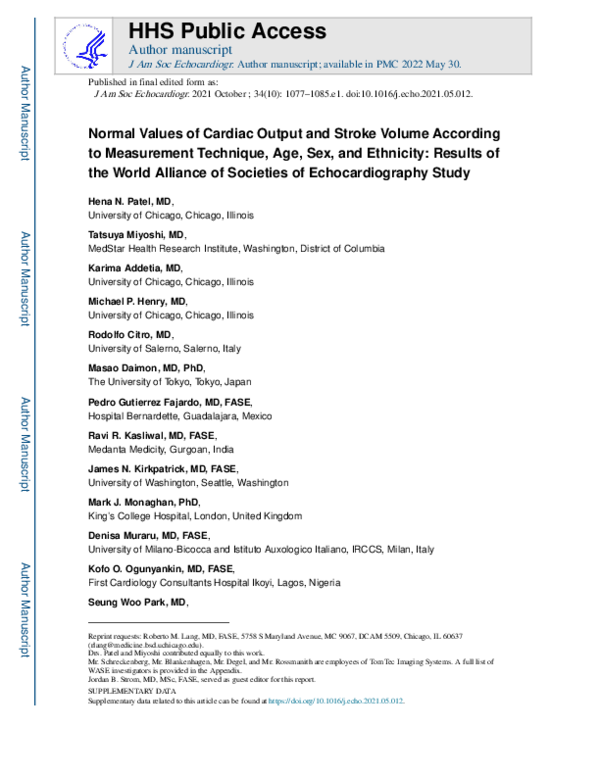 Pdf Normal Values Of Cardiac Output And Stroke Volume According To