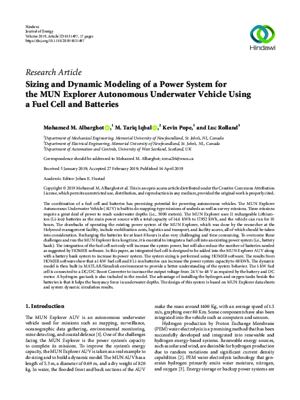 (PDF) Sizing and Dynamic Modeling of a Power System for the MUN Explorer Autonomous Underwater ...