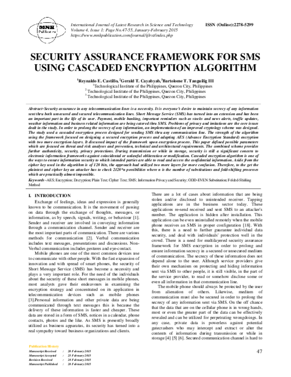 Pdf Security Assurance Framework For Sms Using Cascaded Encryption Algorithm