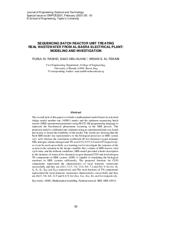 (PDF) Sequencing Batch Reactor Unit Treating Real Wastewater from Al-Basra Electrical Plant ...