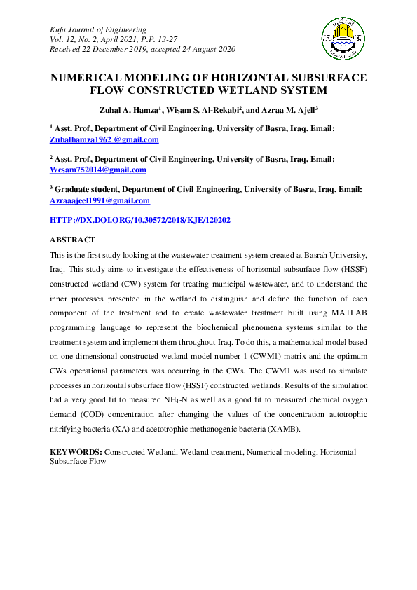 (PDF) Numerical Modeling of Horizontal Subsurface Flow Constructed Wetland System | Wisam Sabeeh ...