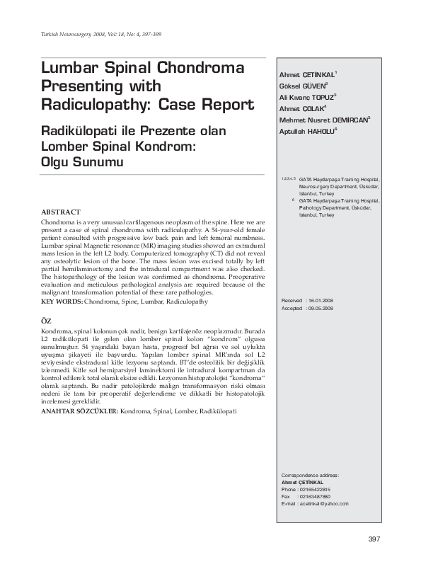 (PDF) Lumbar spinal chondroma presenting with radiculopathy: case report