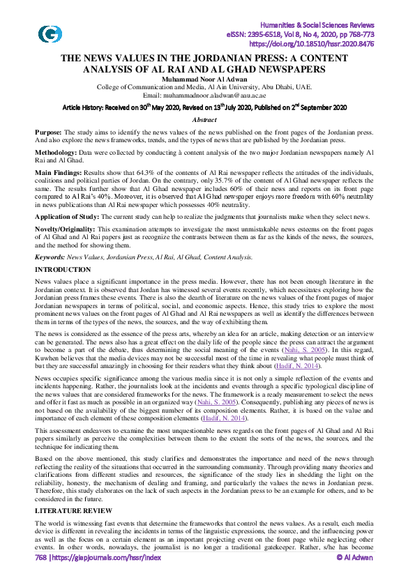 (PDF) The News Values in the Jordanian Press: A Content Analysis of Al ...