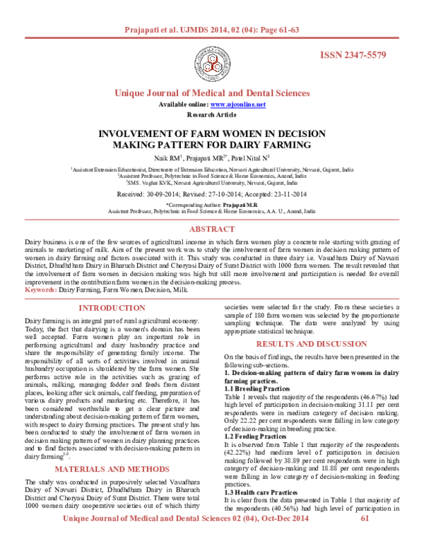 Pdf Involvement Of Farm Women In Decision Making Pattern For Dairy