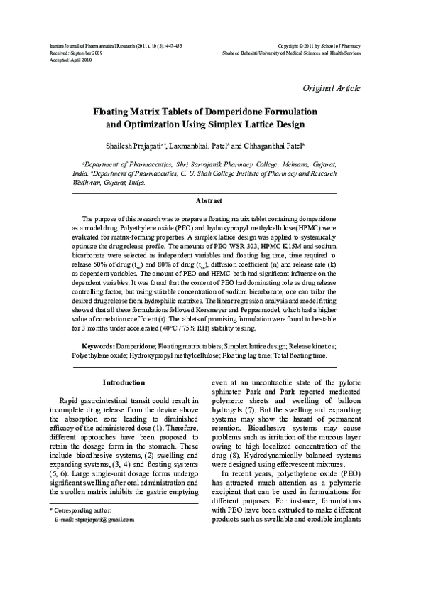 Pdf Floating Matrix Tablets Of Domperidone Formulation And Optimization Using Simplex Lattice