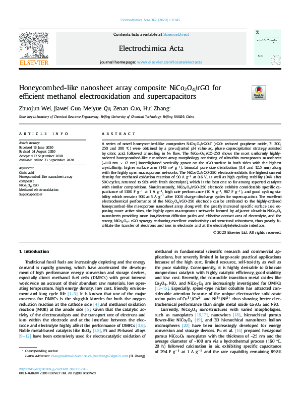 Pdf Honeycombed Like Nanosheet Array Composite Nico2o4rgo For Efficient Methanol