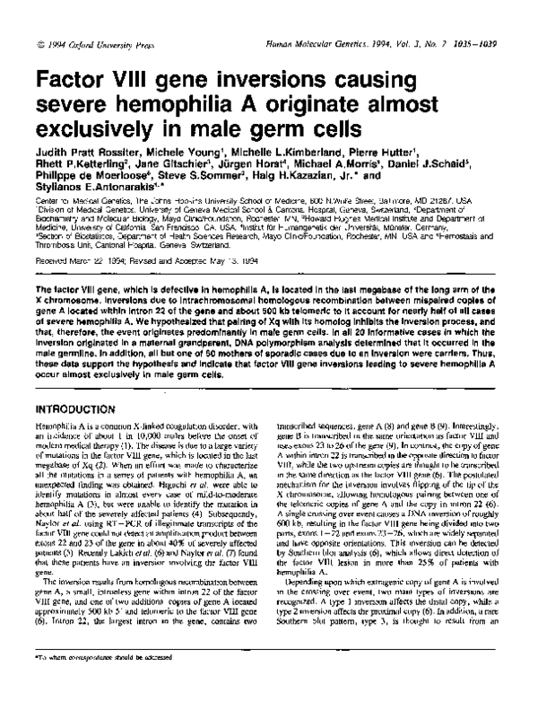 (PDF) Factor VIII gene inversions causing severe hemophilia A originate ...