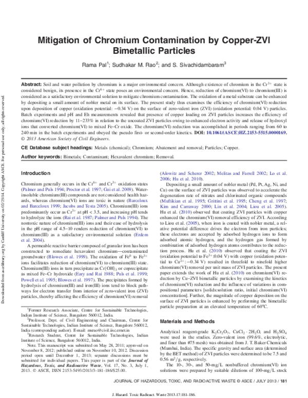 (PDF) Mitigation of Chromium Contamination by Copper-ZVI Bimetallic ...
