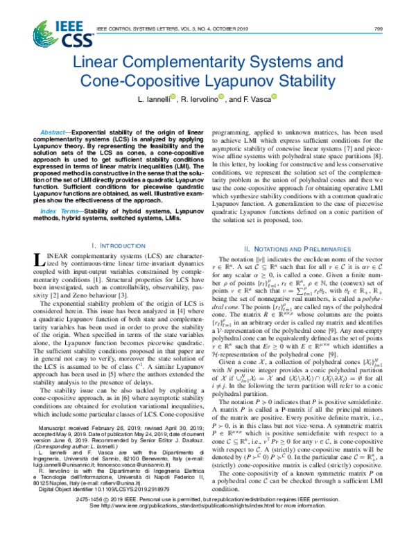(PDF) Linear Complementarity Systems and Cone-Copositive Lyapunov Stability
