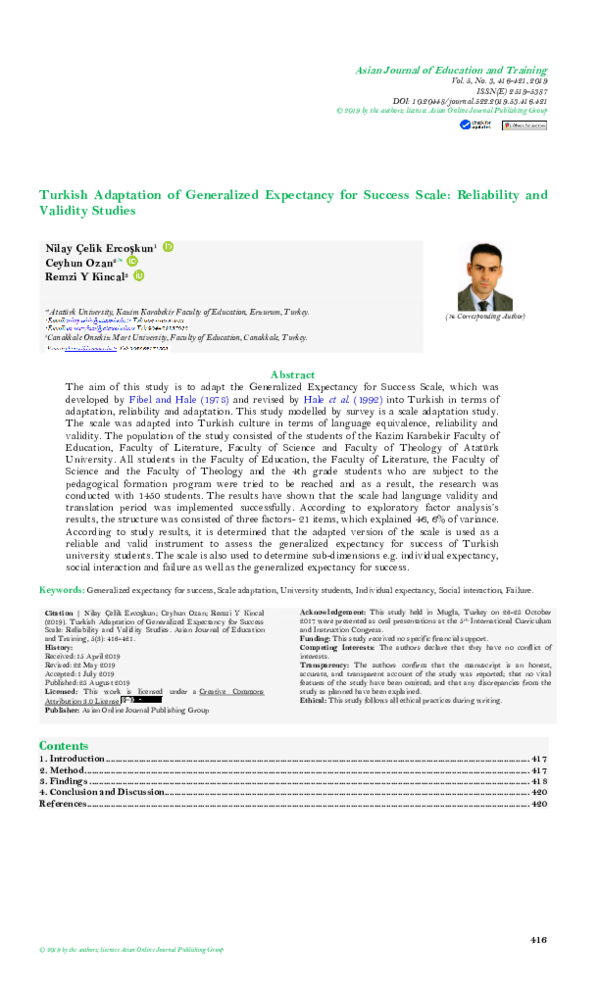 (PDF) Turkish Adaptation of Generalized Expectancy for Success Scale ...