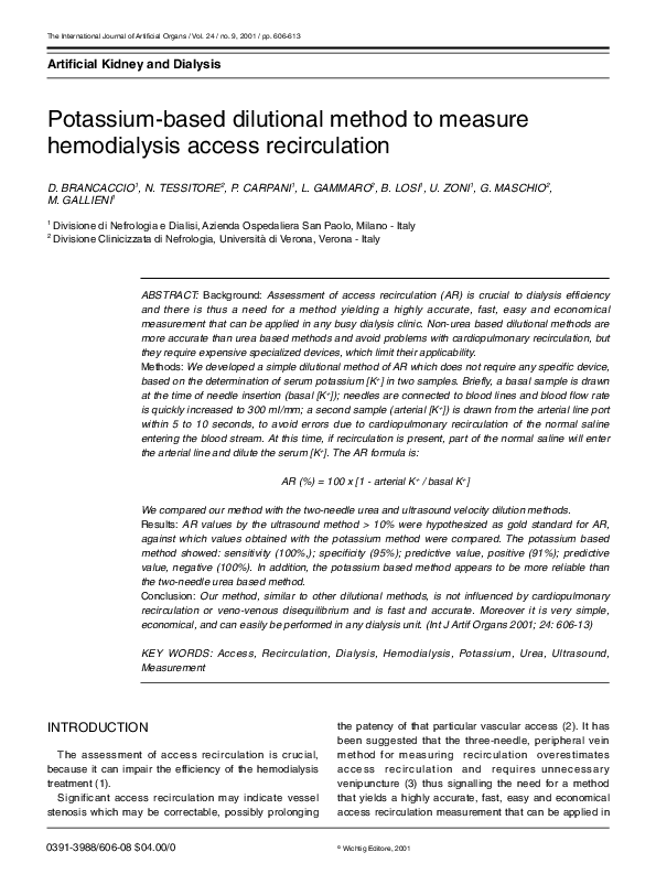 (PDF) Potassium-Based Dilutional Method to Measure Hemodialysis access ...
