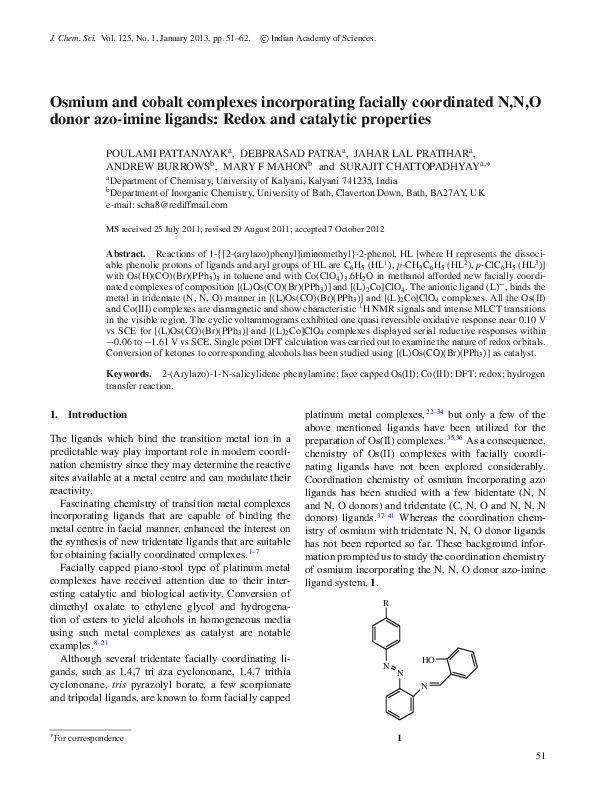 (PDF) Osmium and cobalt complexes incorporating facially coordinated N,N,O donor azo-imine ...