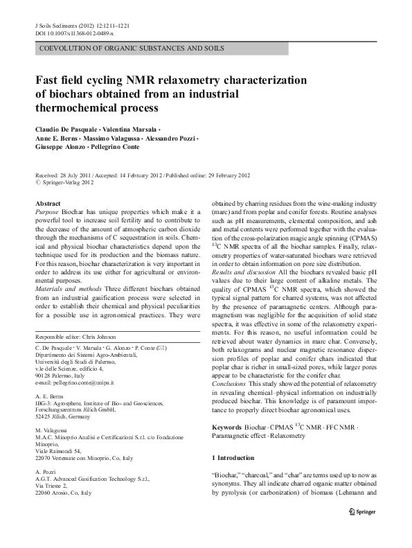 (PDF) Fast field cycling NMR relaxometry characterization of biochars ...