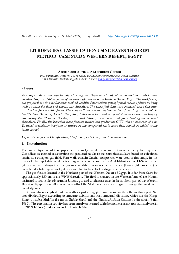 (PDF) Lithofacies classification using Bayes theorem method : Case study Western Desert, Egypt